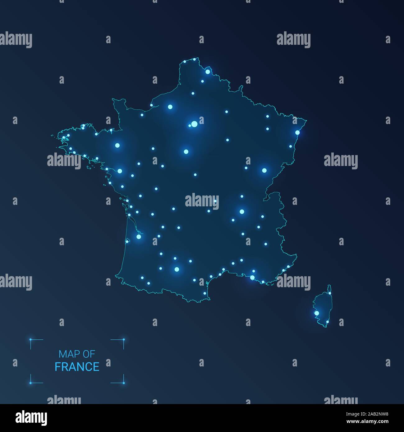 France map with cities. Luminous dots - neon lights on dark background ...