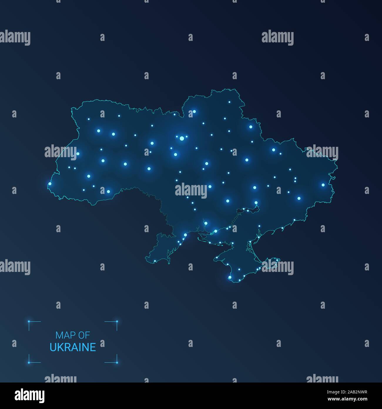 Ukraine map with cities. Luminous dots - neon lights on dark background ...
