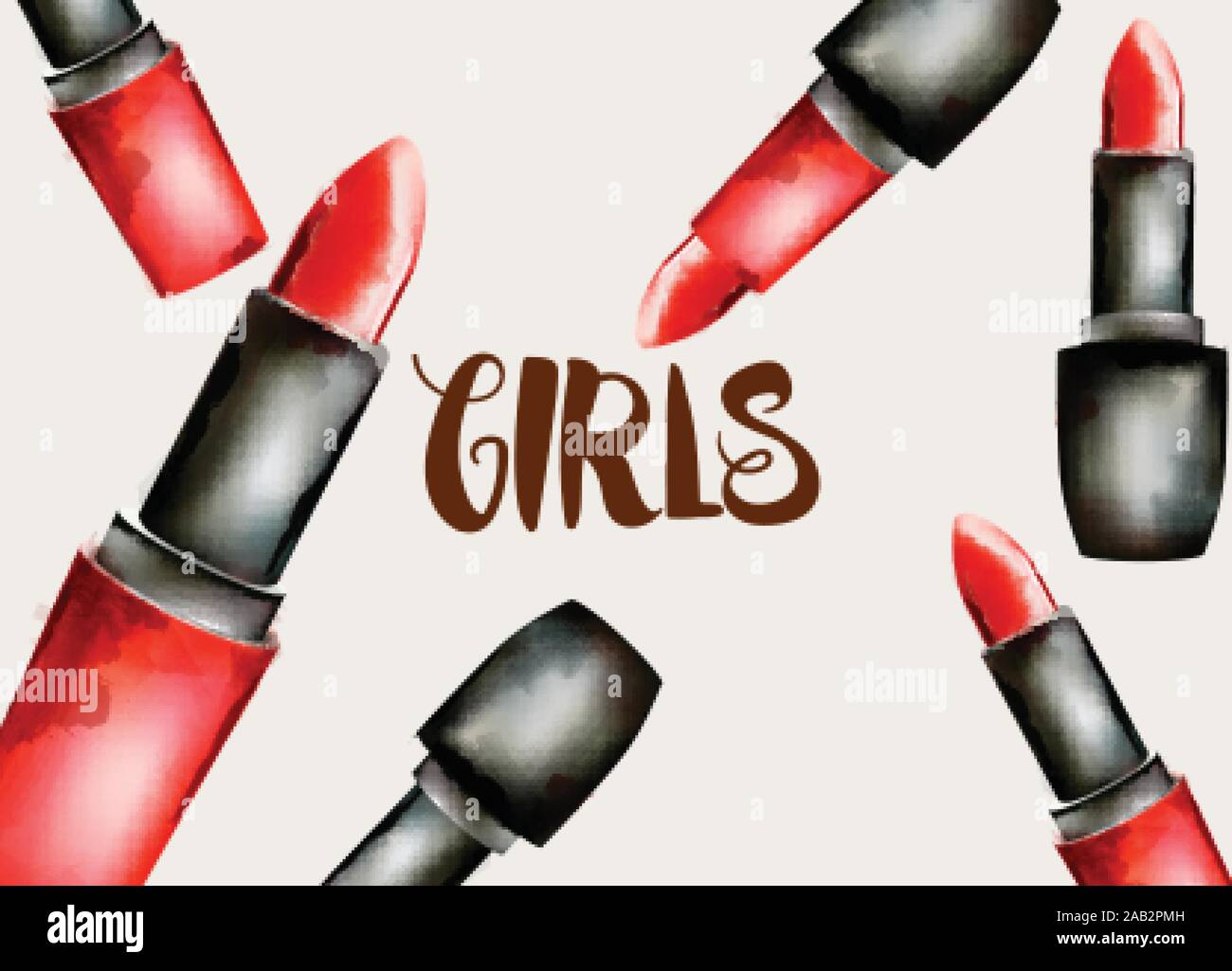 Watercolor Cosmetic Red Lipstick With Girl Text Feminist Idea Vector