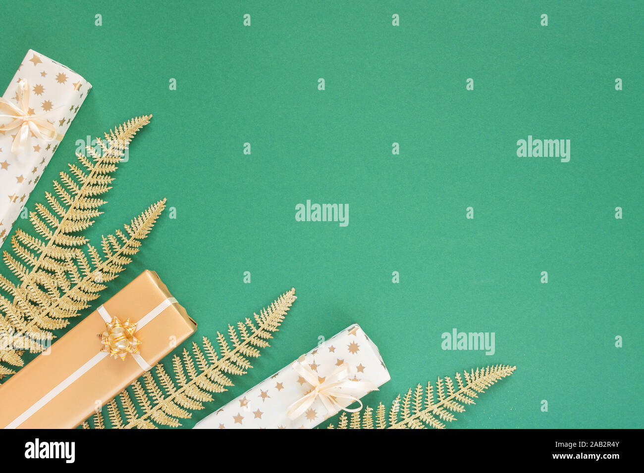 Festive green background with gold decoration , background with glitter ...