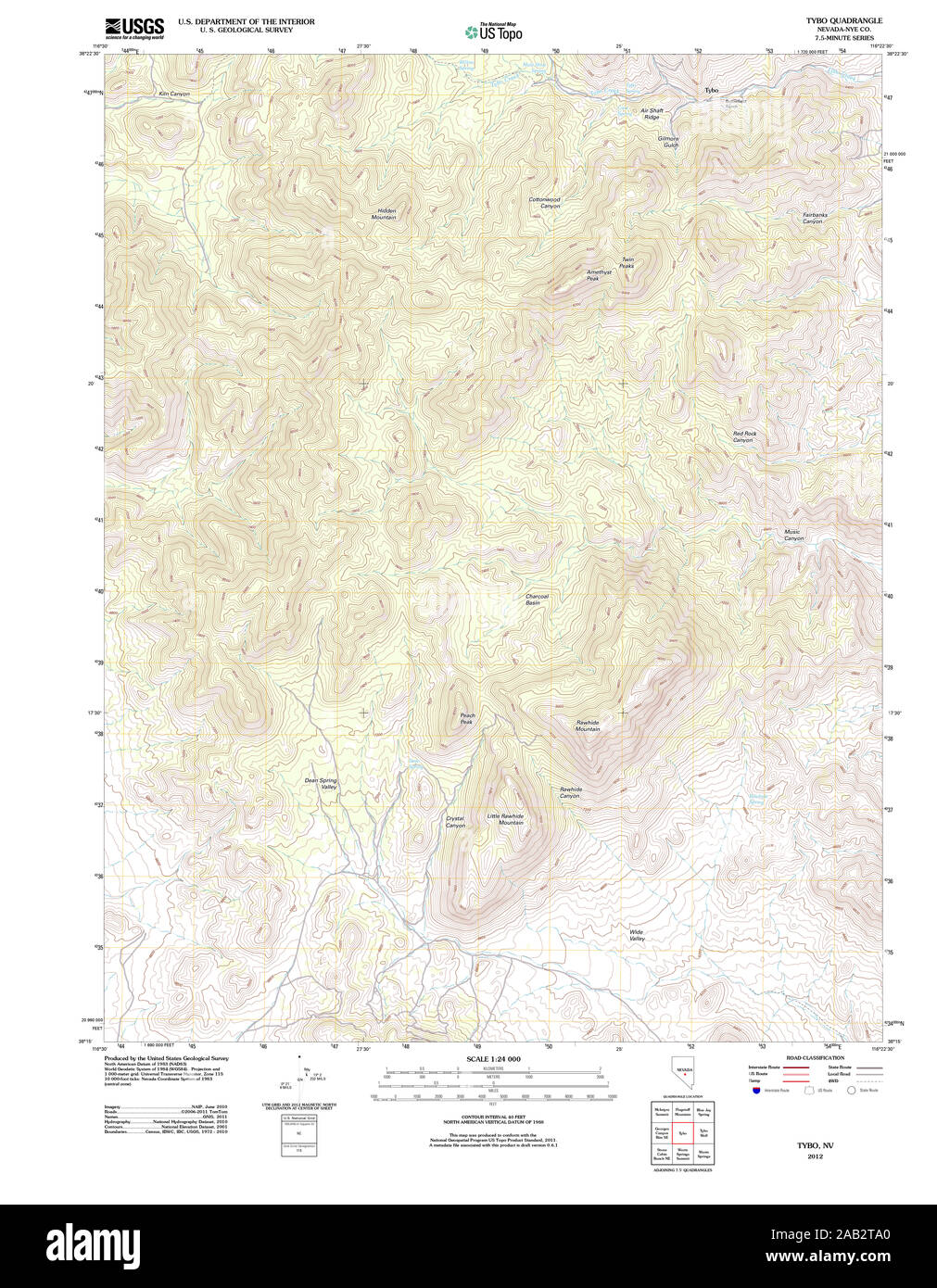 USGS TOPO Map Nevada NV Tybo 20120118 TM Restoration Stock Photo - Alamy