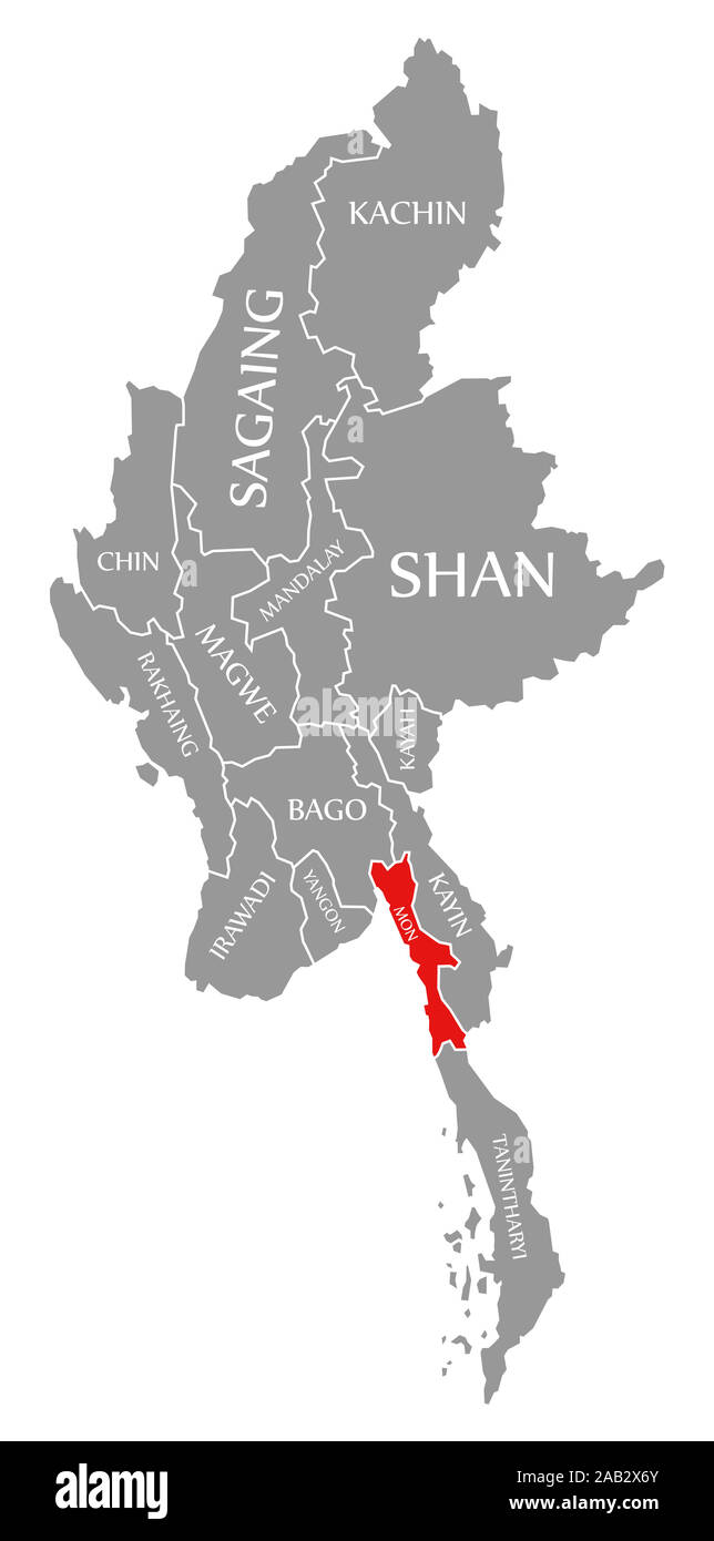 Mon red highlighted in map of Myanmar Stock Photo - Alamy