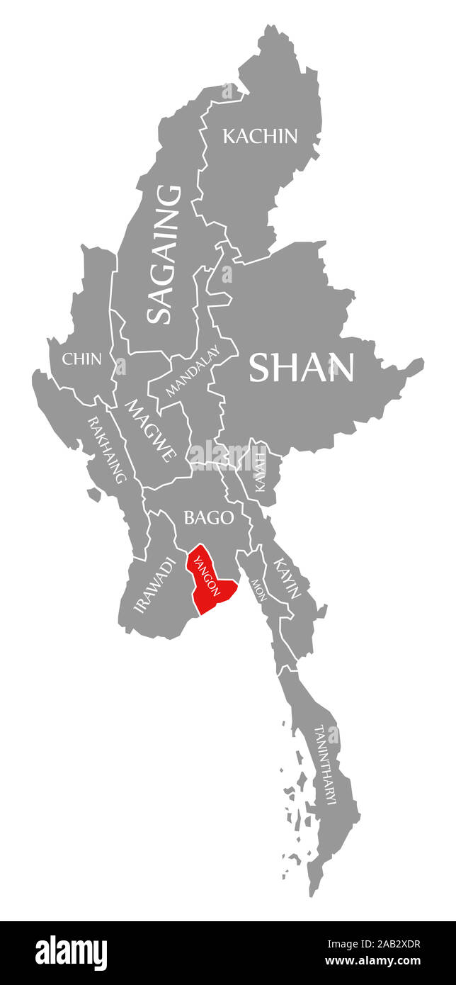 Yangon red highlighted in map of Myanmar Stock Photo - Alamy