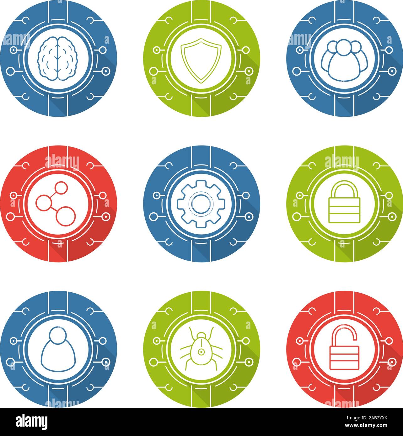 Cyber security flat design long shadow icons set. Neural networks ...