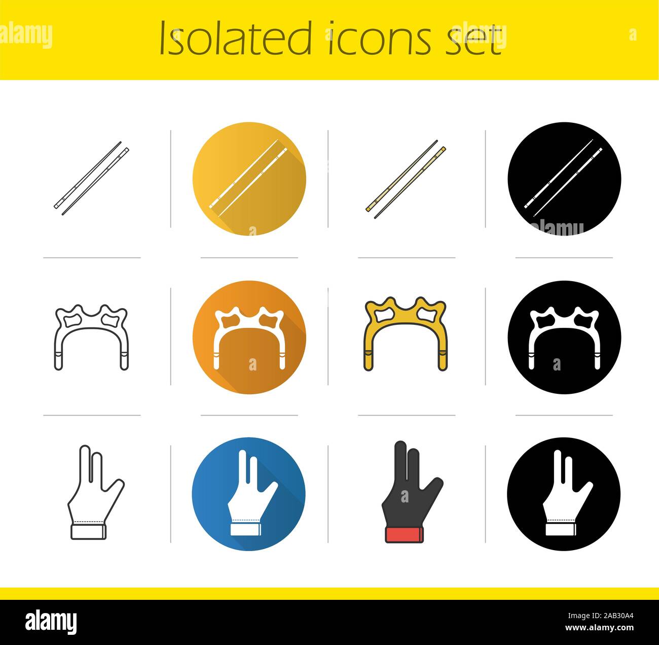 Billiard icons set. Flat design, linear, black and color styles ...