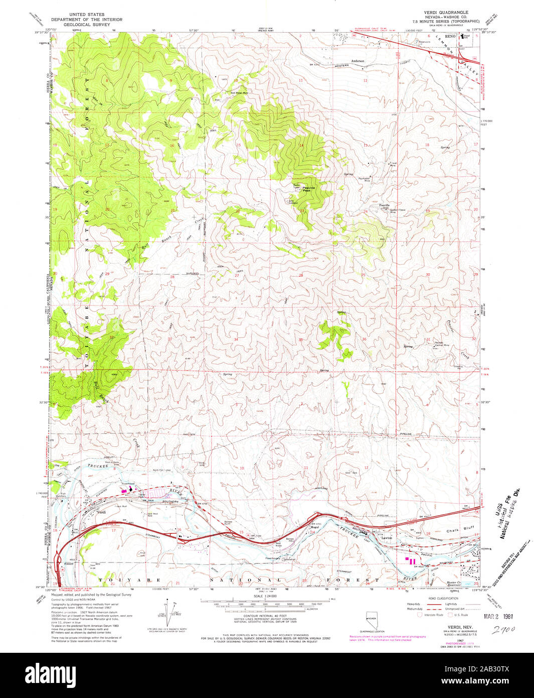 USGS TOPO Map Nevada NV Verdi 320431 1967 24000 Restoration Stock Photo ...