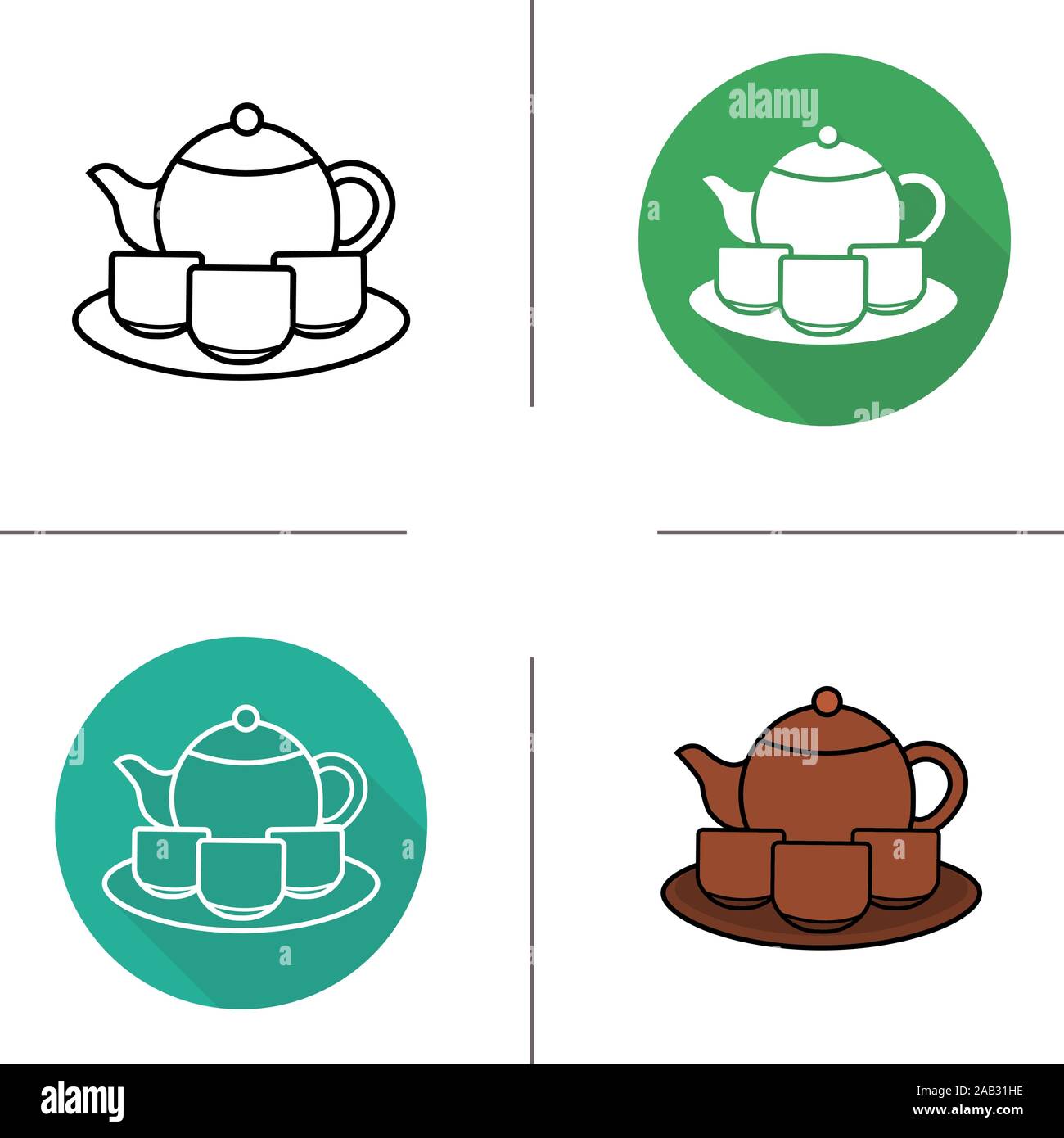 Tea ceremony icon. Flat design, linear and color styles. Teapot, cups ...