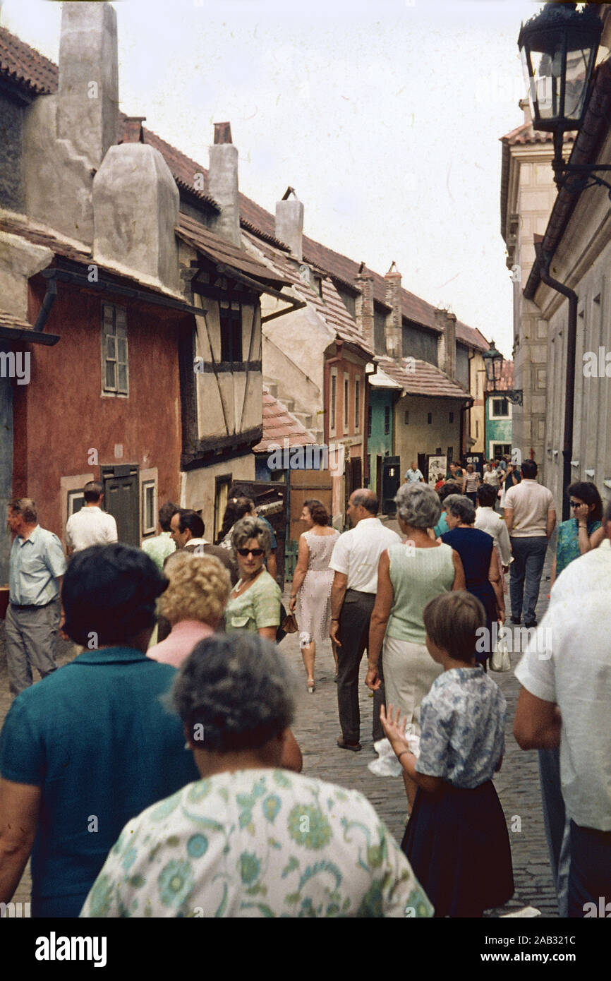 Tourists in the Golden Lane near the Castle in the 1960s, Prague, Czech ...
