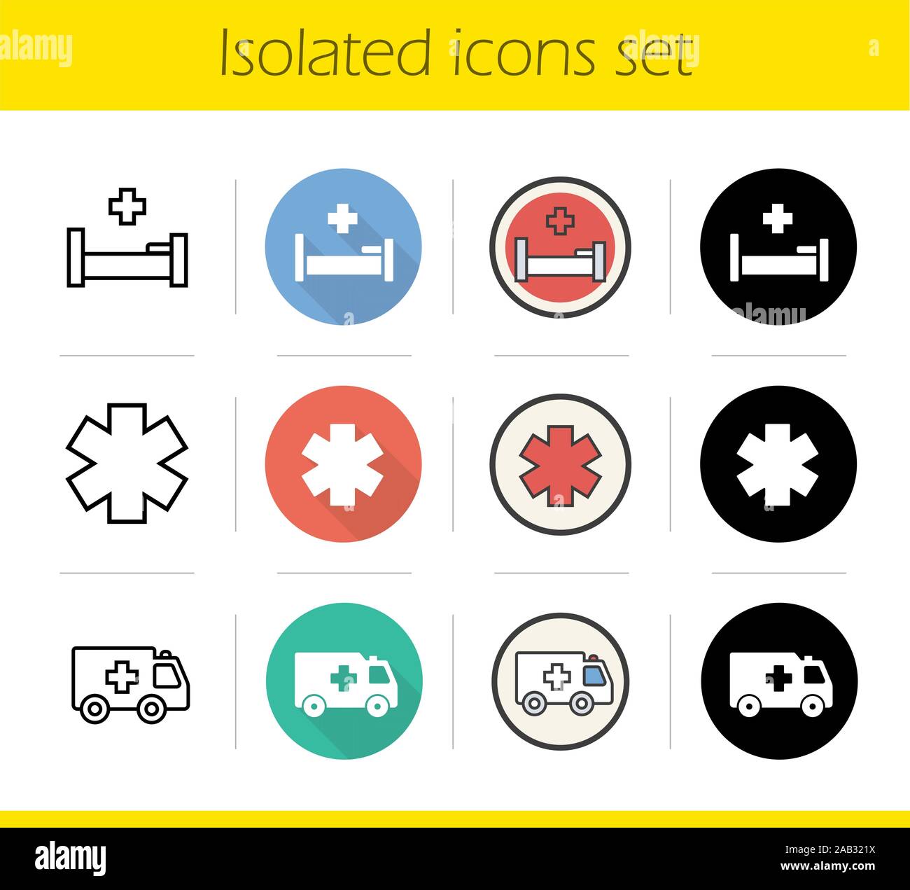 Ambulance icons set. Flat design, linear, black and color styles ...