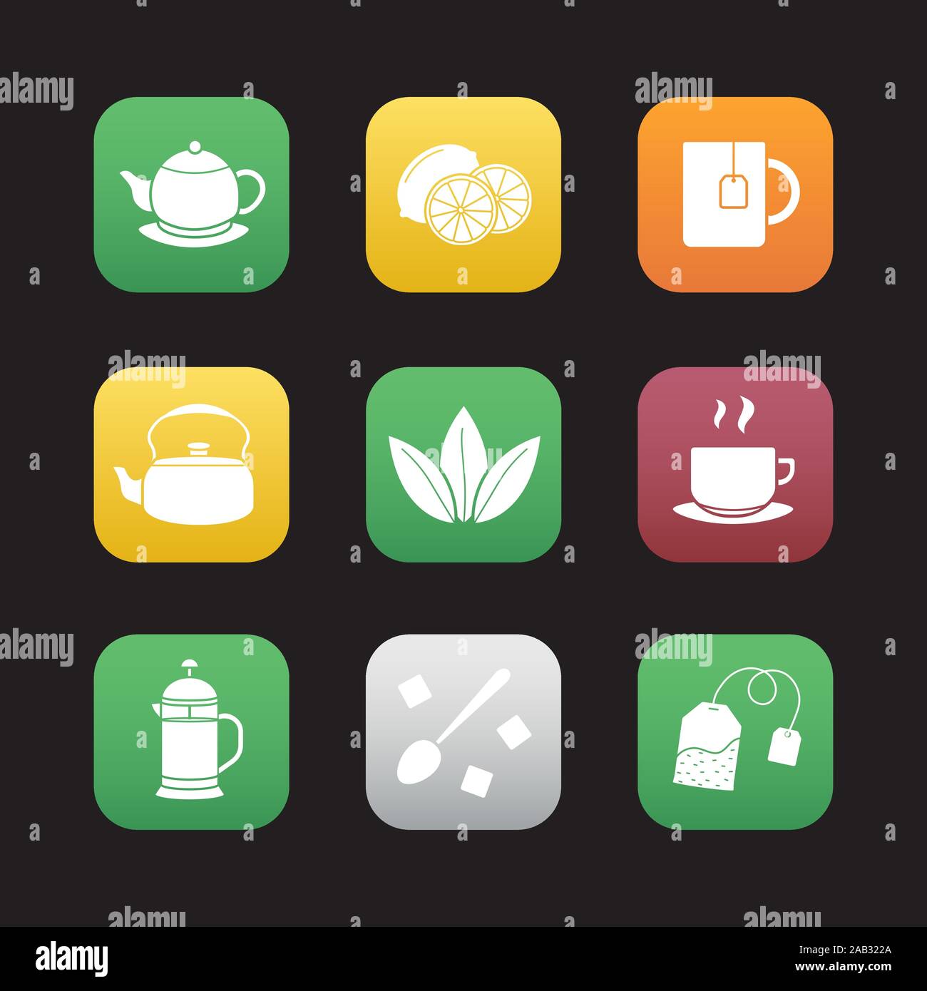 Tea flat design icons set. Teapot, lemons, mug, kettle, loose tea ...