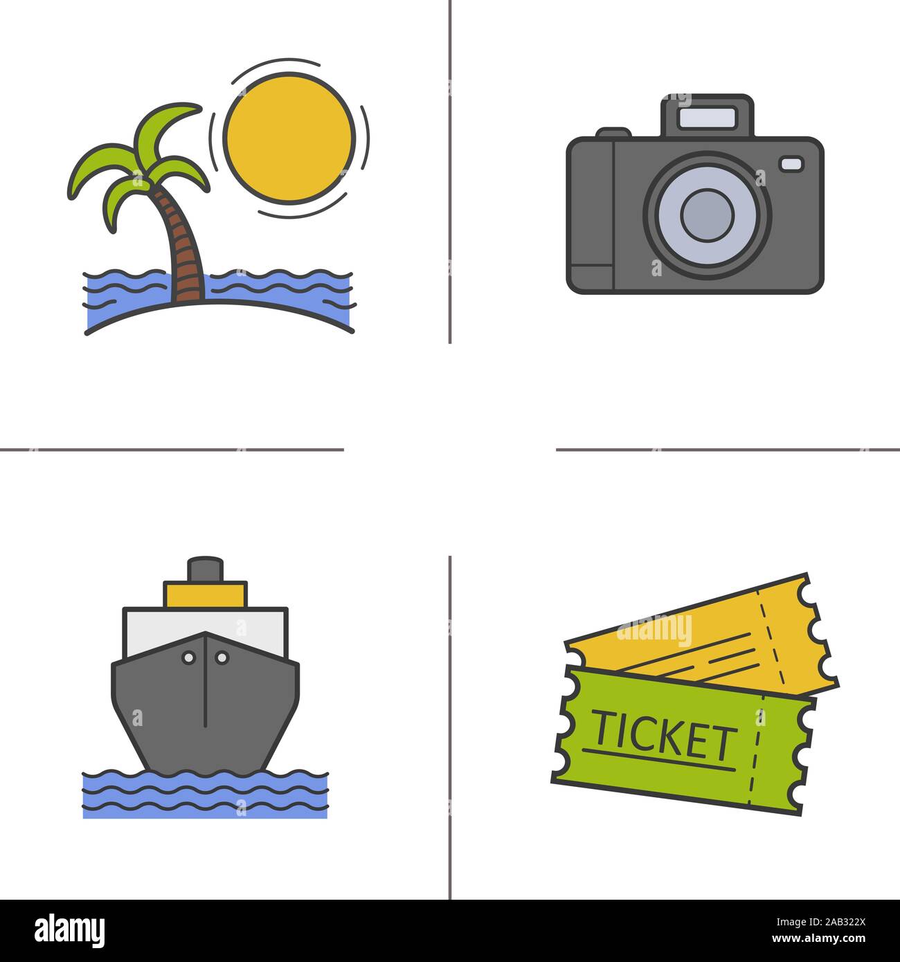 Vacation color icons set. Travelling. Sunny island with palm and sea ...