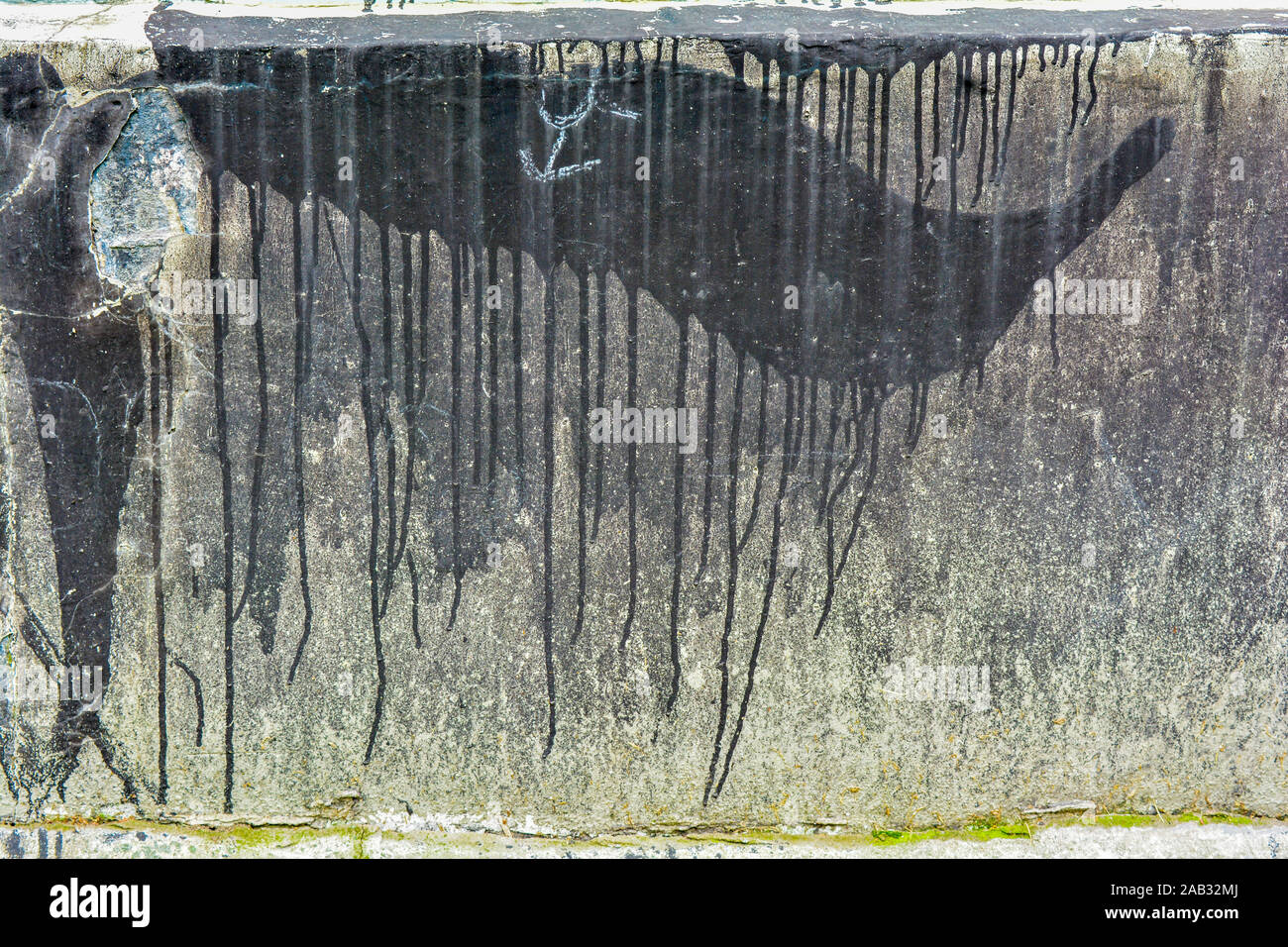 Texture of dirty destroyed concrete wall with black paint and dirt ...