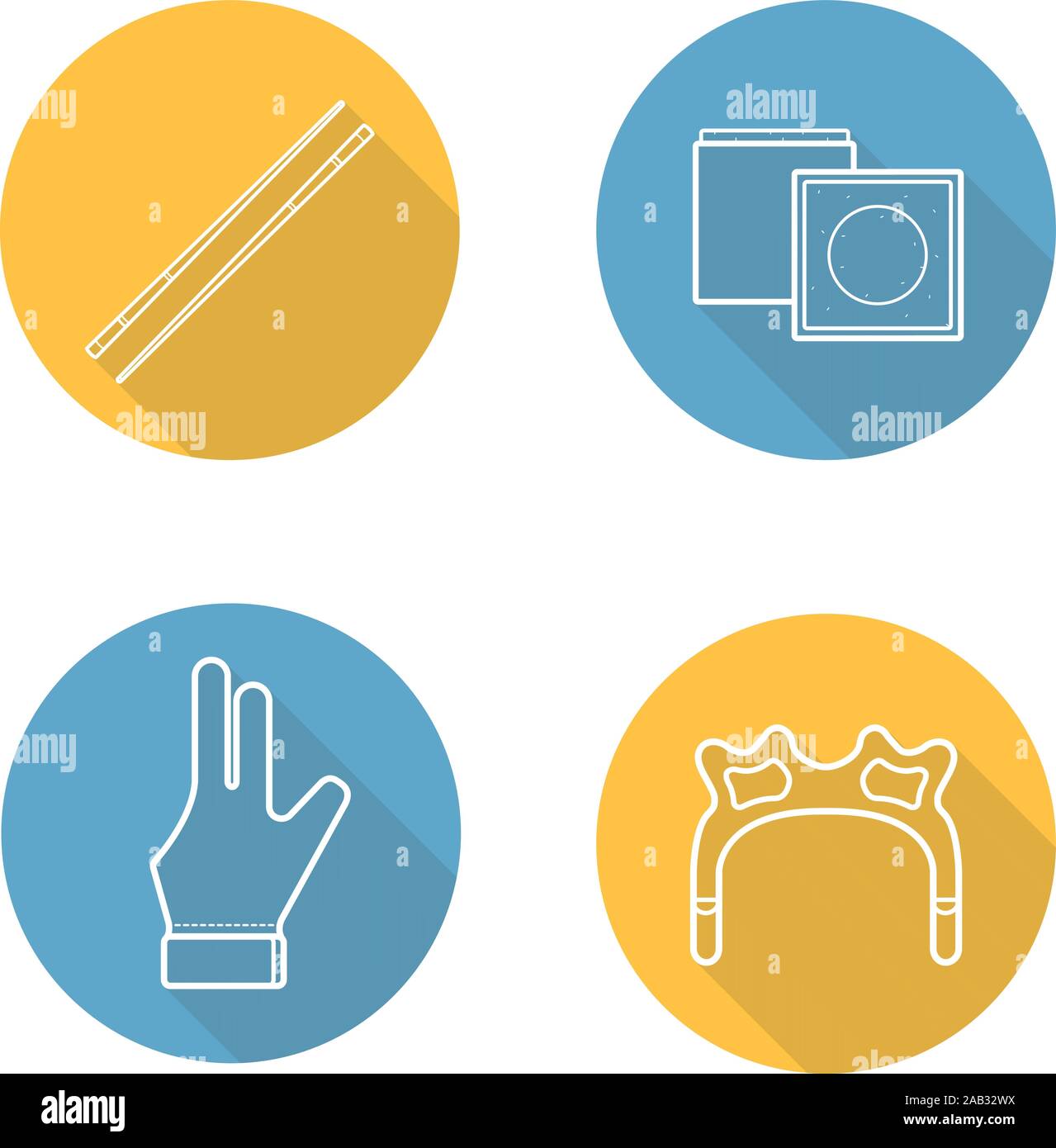 Billiard accessories flat linear long shadow icons set. Pool equipment ...