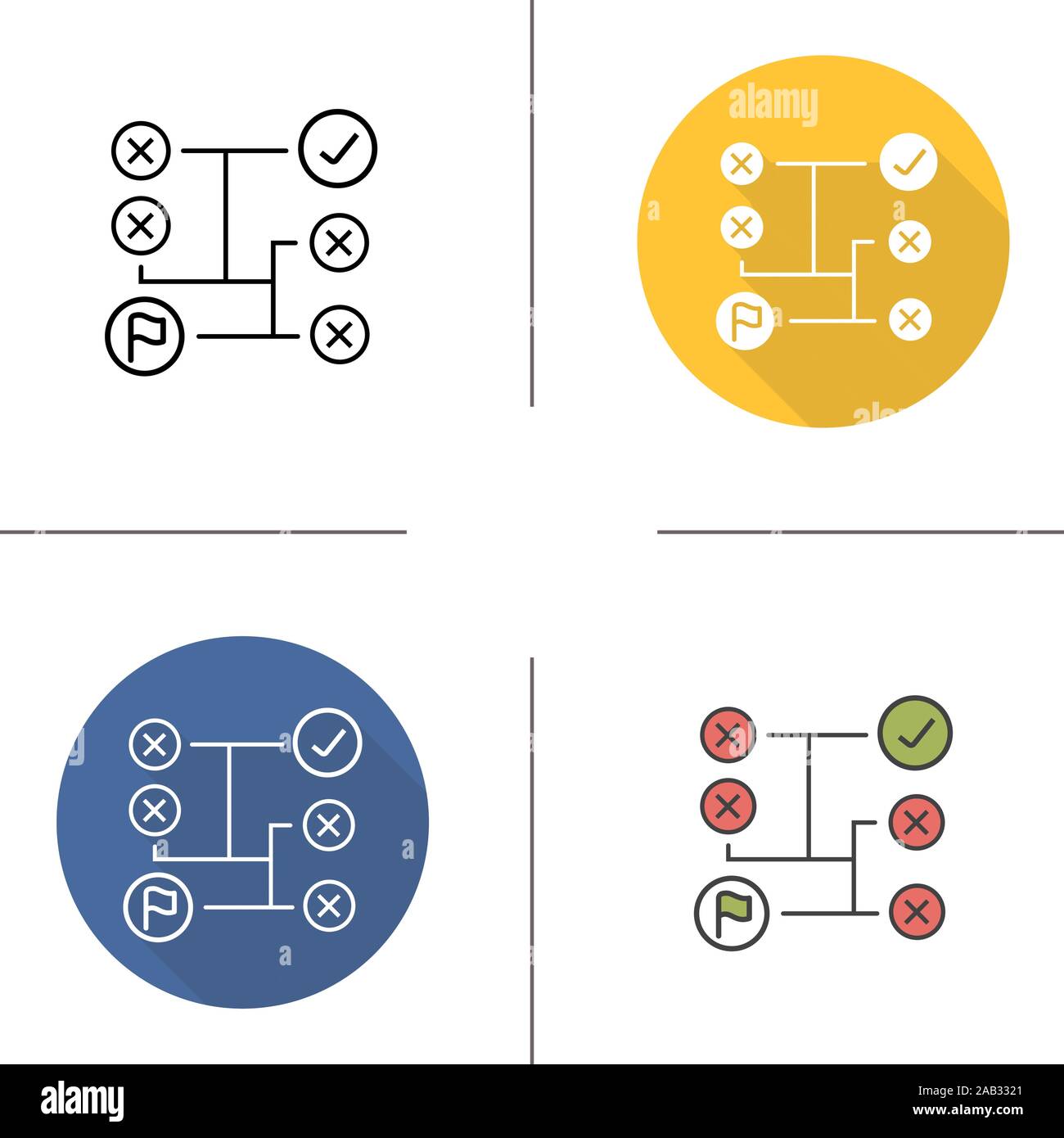 Problems solving icon. Flat design, linear and color styles. Right and wrong decisions. Maze ...