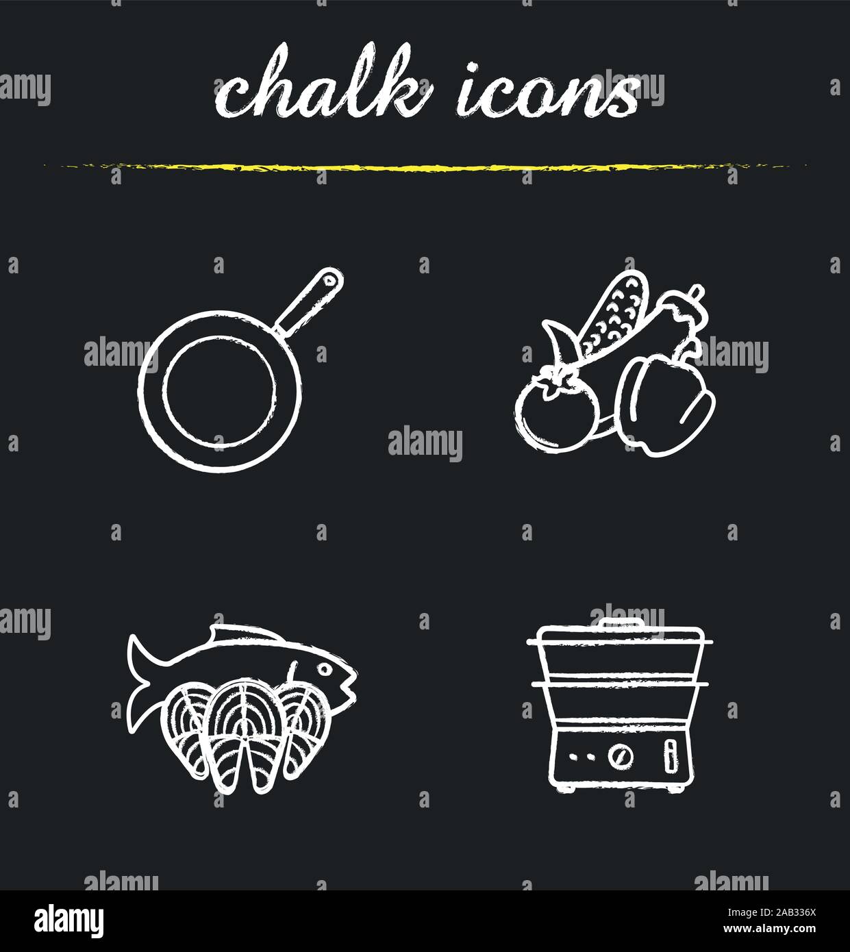 Steam cooking icons set. Frying pan, vegetables, fish fillet slices and ...
