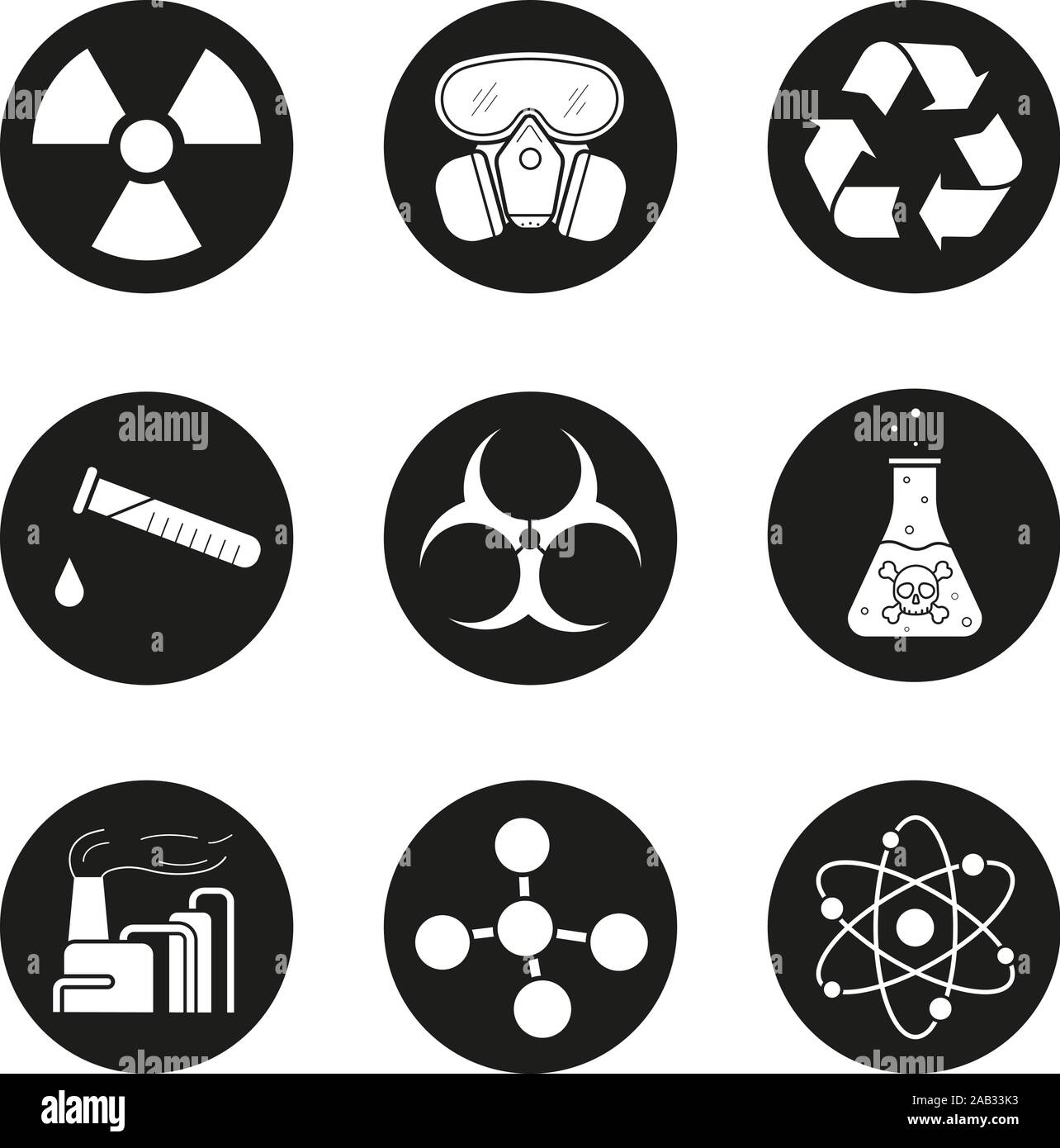 Chemical industry icons set. Gas mask, recycle symbol, chemical test ...