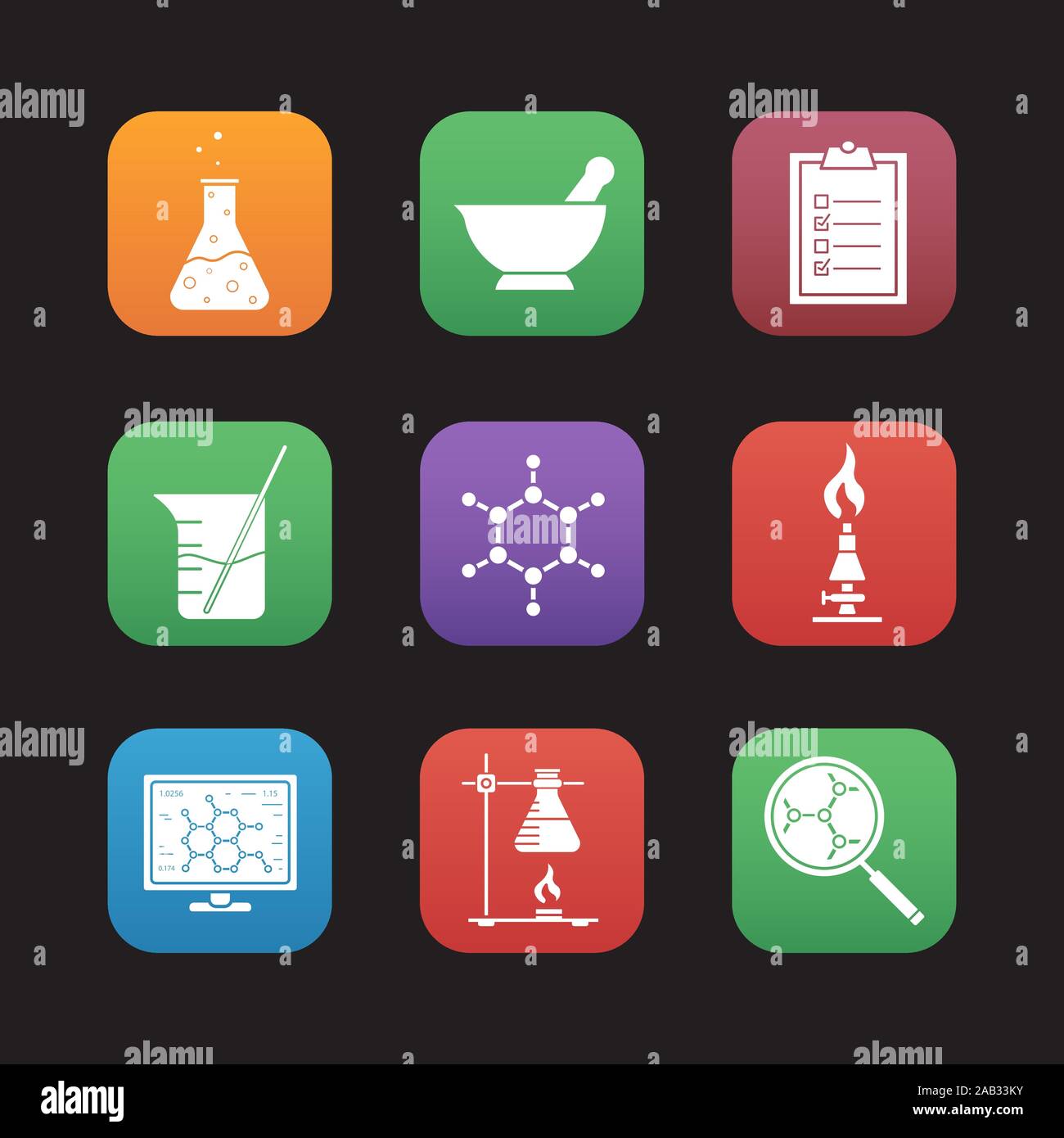 Chemical laboratory flat design icons set. Chemical reaction, mortar ...