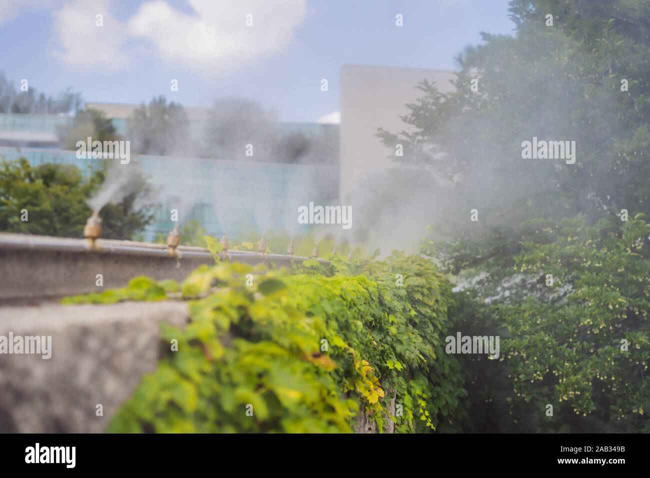 Irrigation system close-up. Humidification of air by steam on the ...