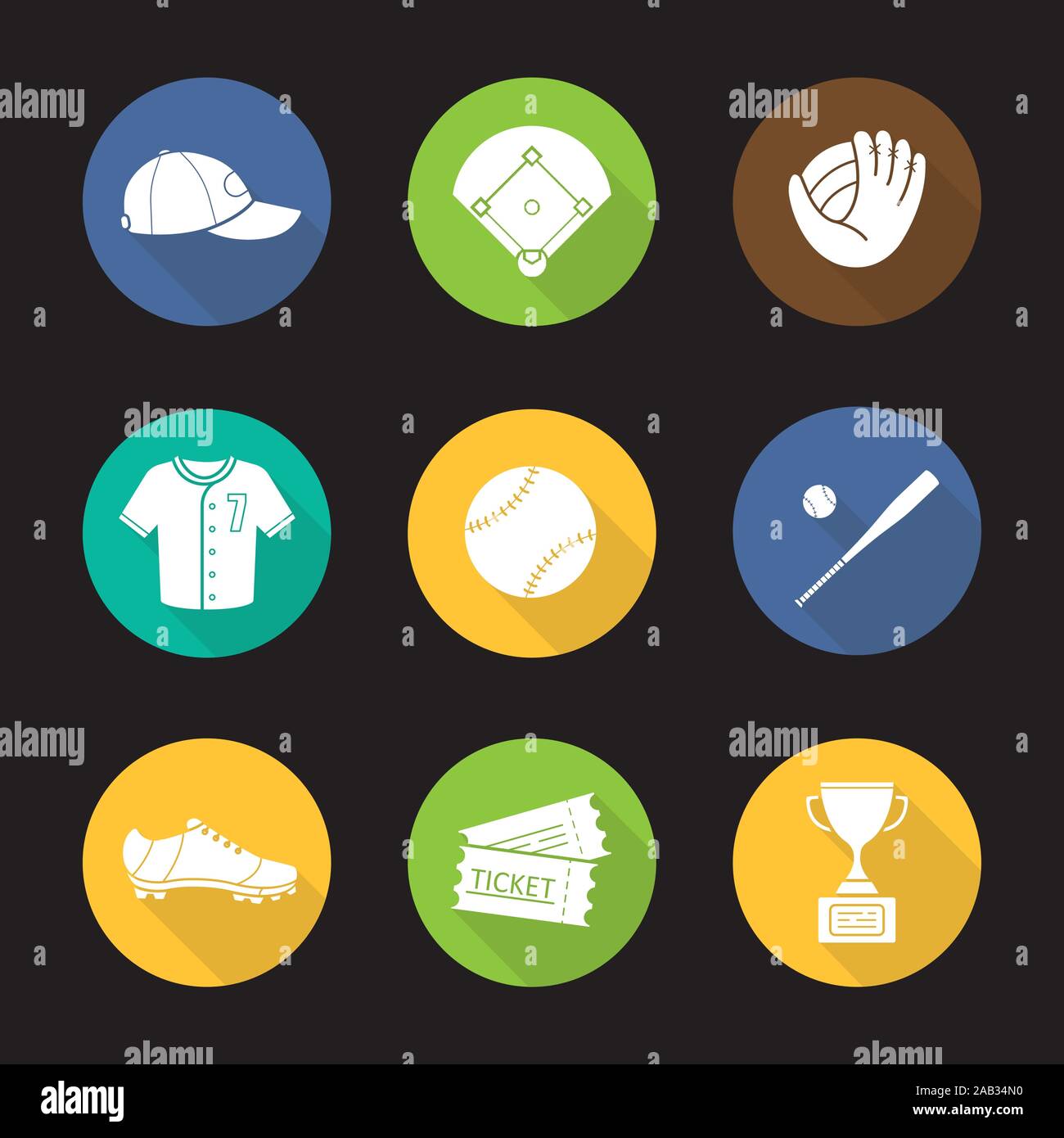 Baseball flat design long shadow icons set. Softball cap, field, mitt ...