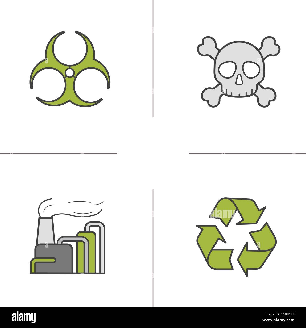 Industrial pollution color icons set. Biohazard and recycle symbols ...