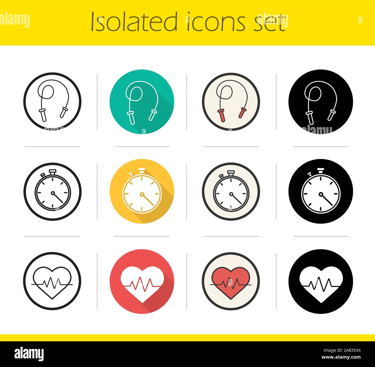 Cardio training icons set. Flat design, linear, black and color styles ...