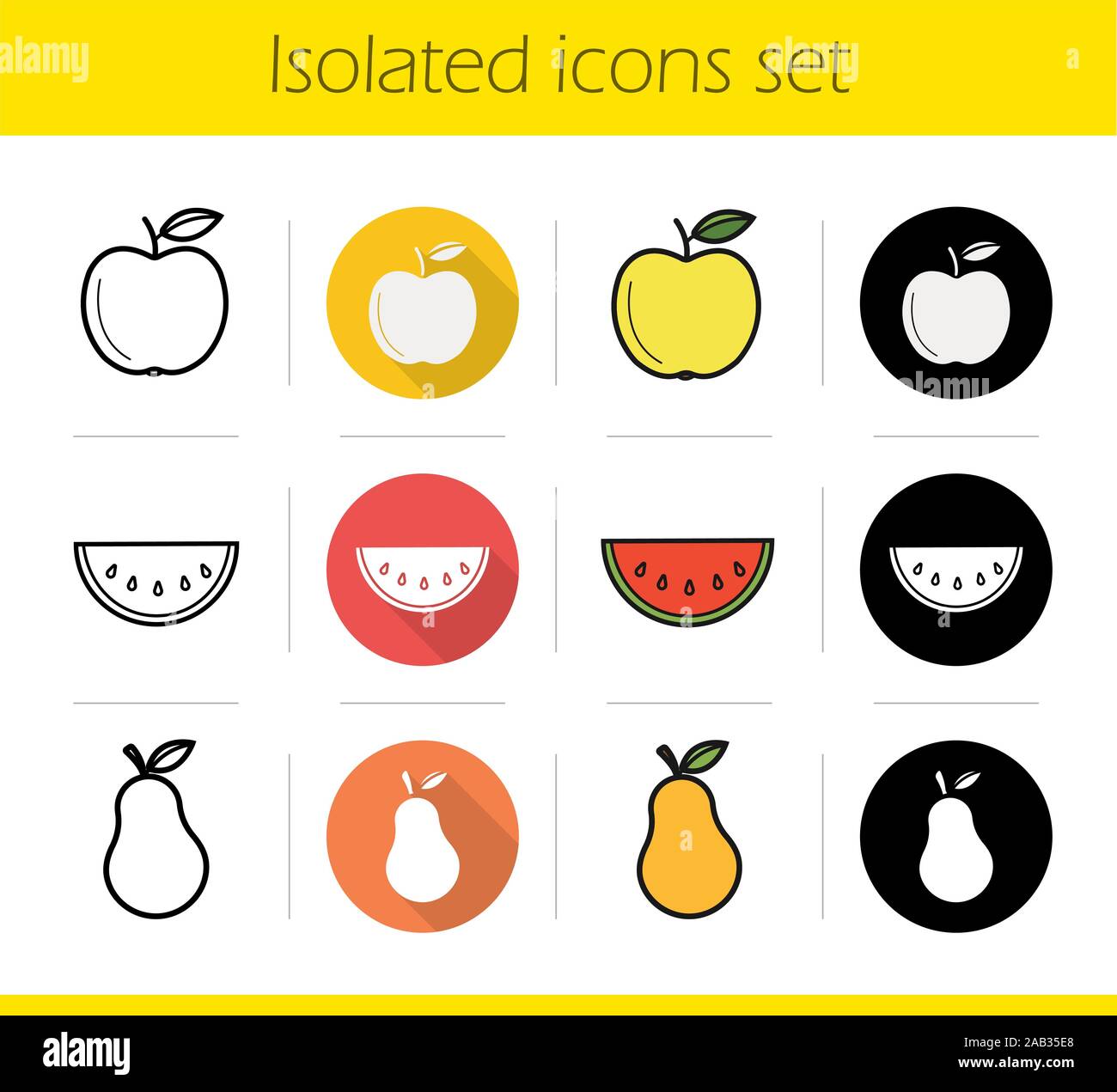 Fruit icons set. Flat design, linear, black and color styles. Yellow ...