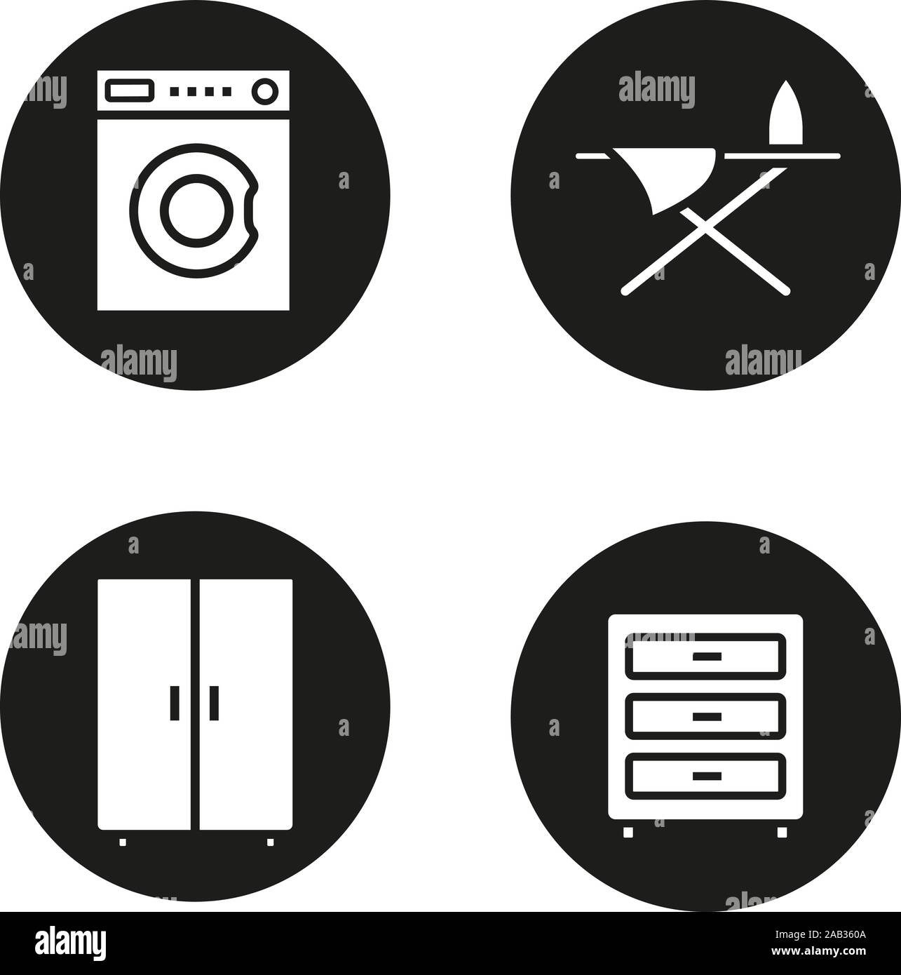 Furniture icons set. Washing machine, dresser, wardrobe and ironing ...