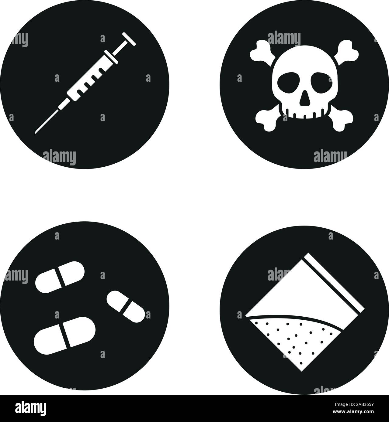 Drugs icons set. Syringe with needle, crossbones death symbol, pills ...