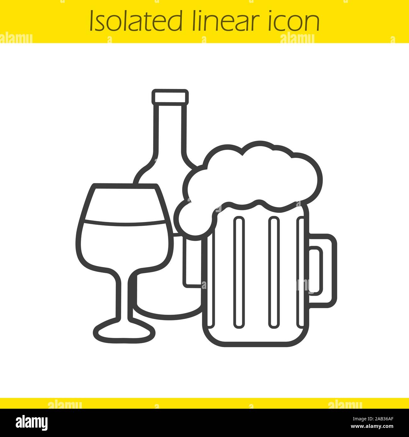 Alcohol linear icon. Foamy beer mug, wine glass and bottle thin line ...