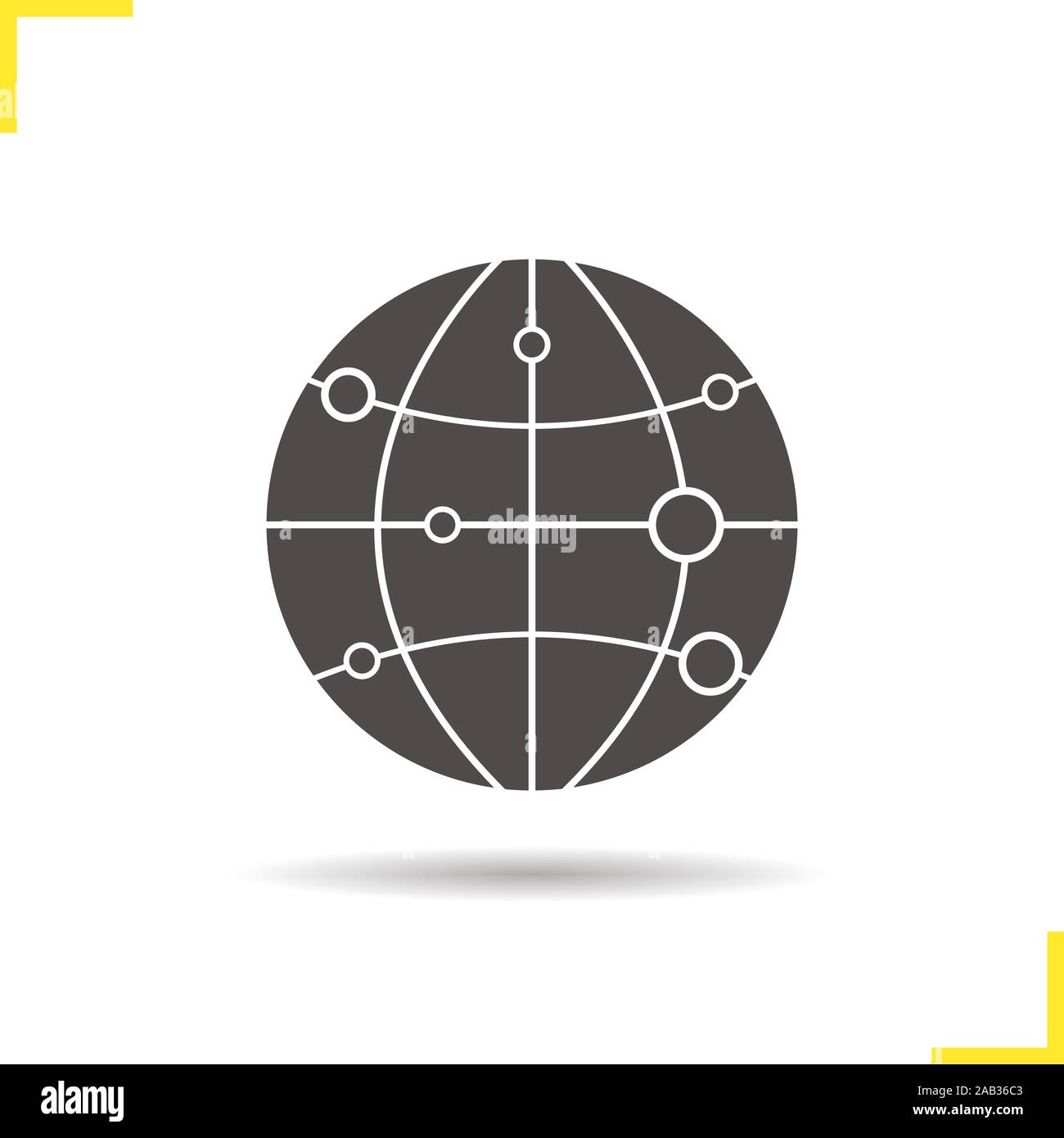 Globe model with route points icon. Drop shadow worldwide silhouette ...
