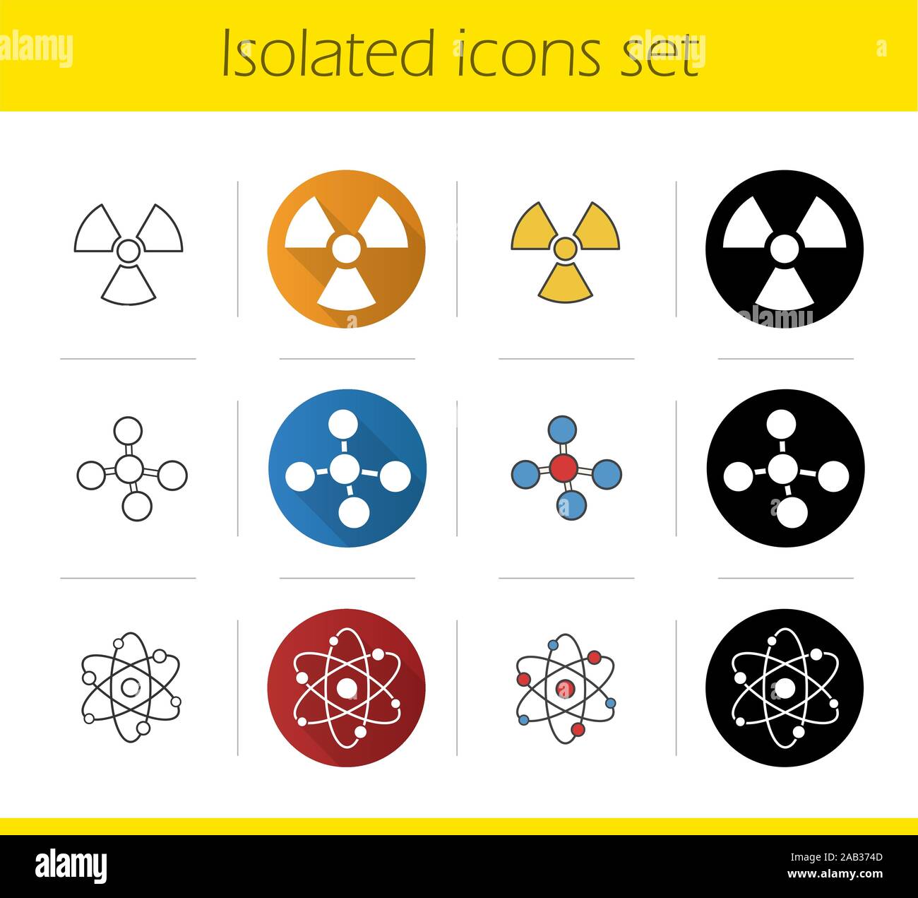 Science icons set. Flat design, linear, black and color styles ...