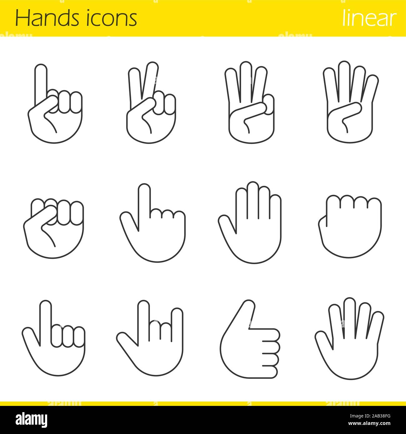 Hand gesture linear icons set. Point out, cool, approve, hello, heavy ...