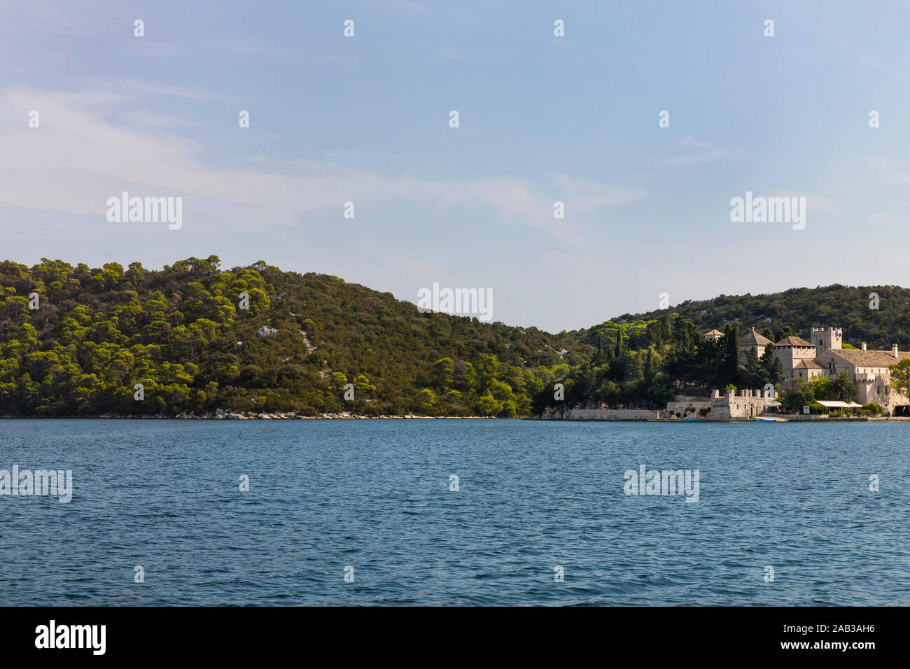 Small island view of Saint Mary Monastery at Mljet, Melita malo jezero ...