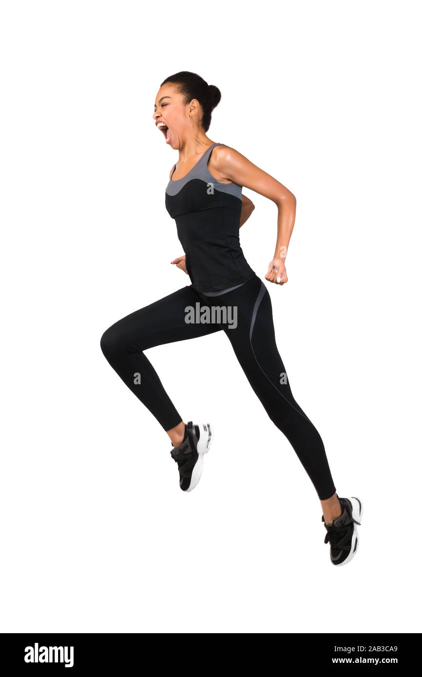 Emotional Black Girl Jumping And Shouting On White Background Stock ...