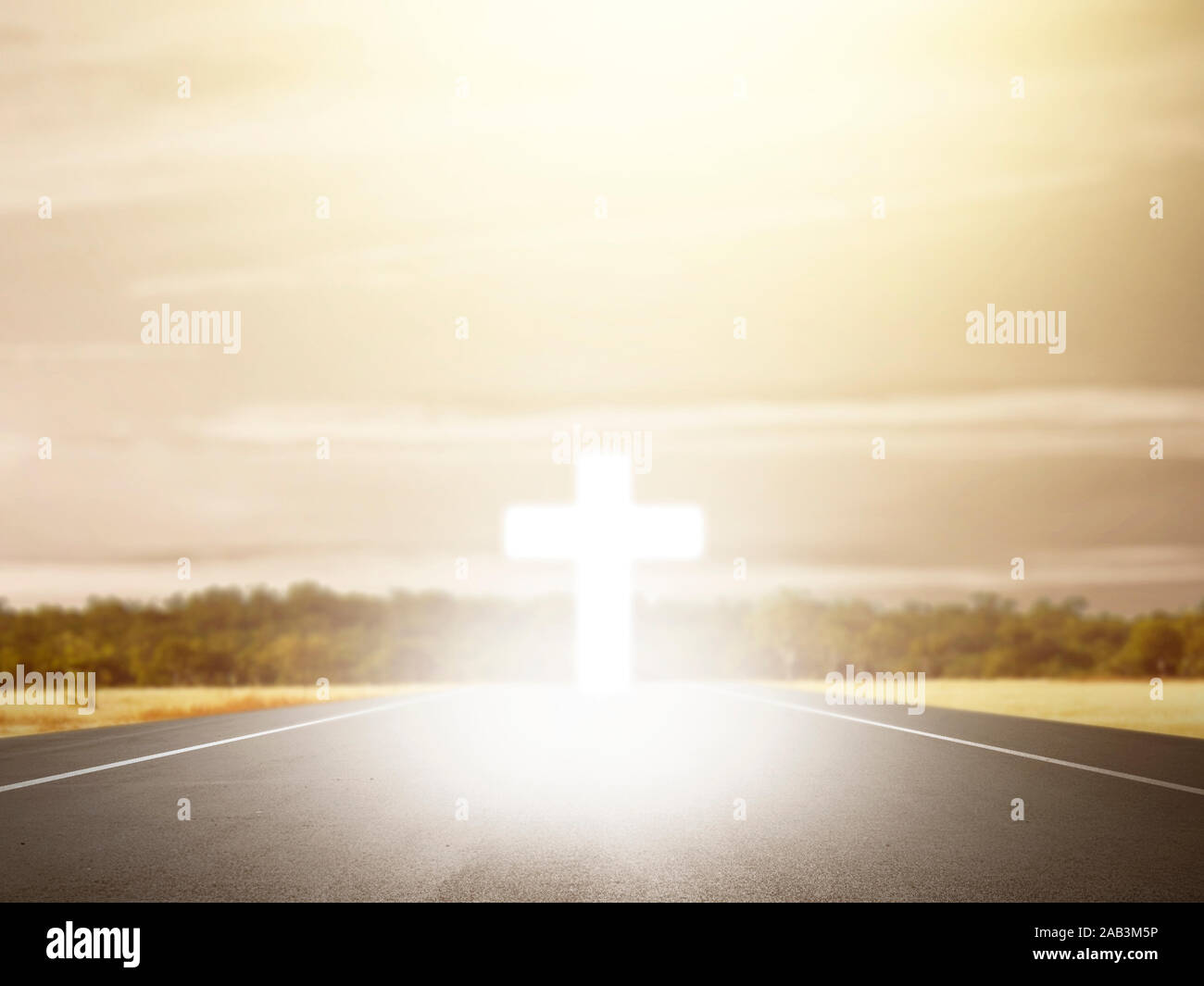 Christian cross at the end of the road with sunlight background Stock ...