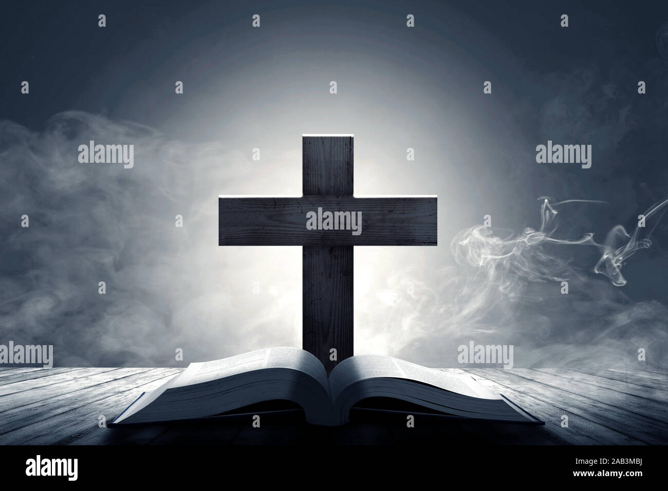 Christian Cross and bible on wooden table with light background Stock ...