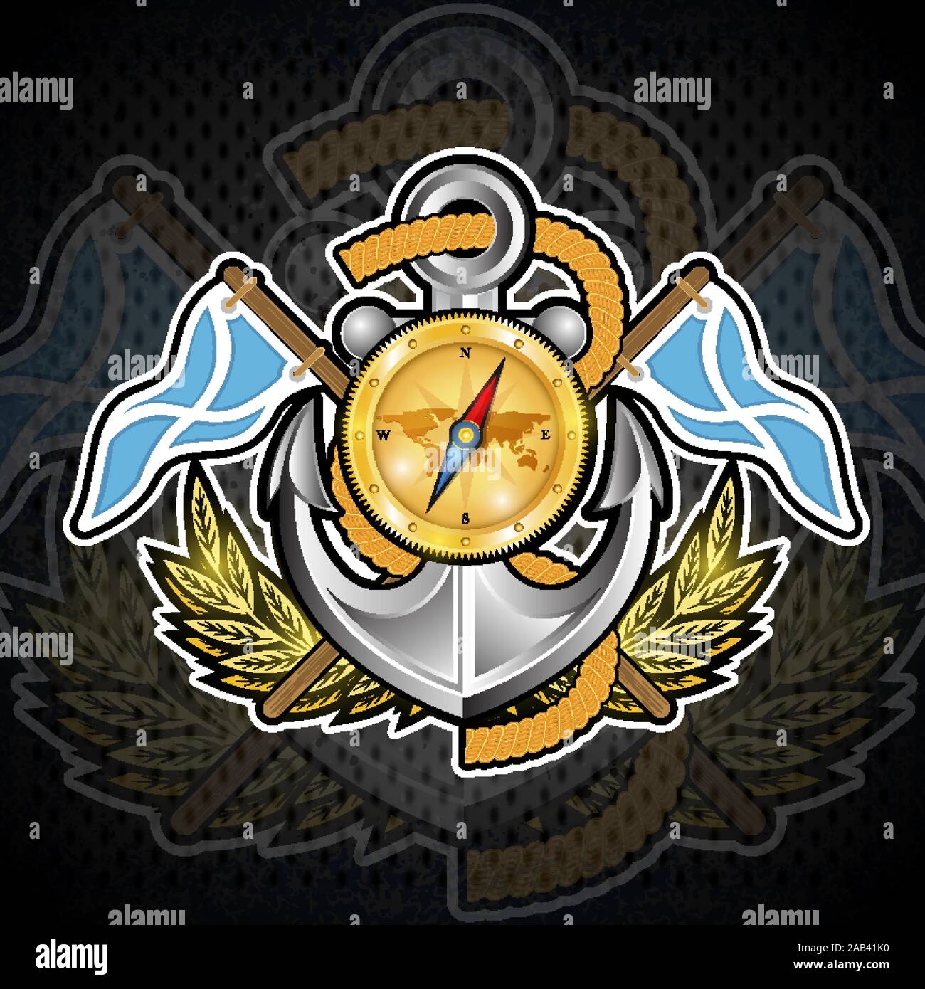 Anchor with compass, gold crown between wreath and flags on blackboard ...