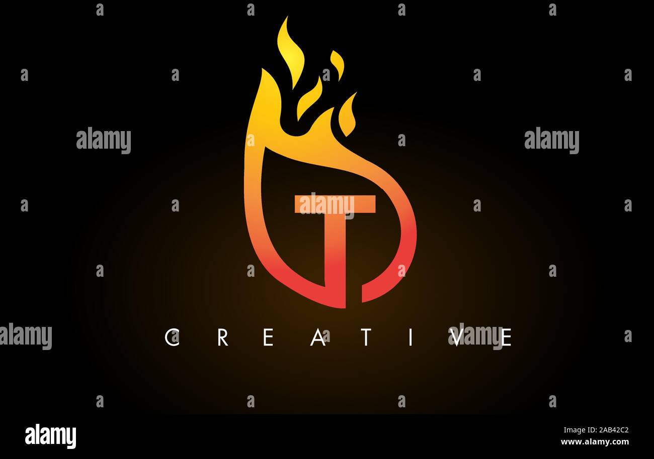 Flame T Letter Logo Design Icon with Orange Yellow Colors and Flames ...