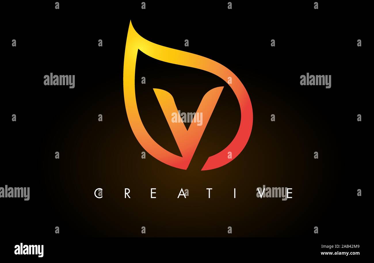 V Leaf Logo Letter Design with Golden Leaf Outline Vector Illustration ...