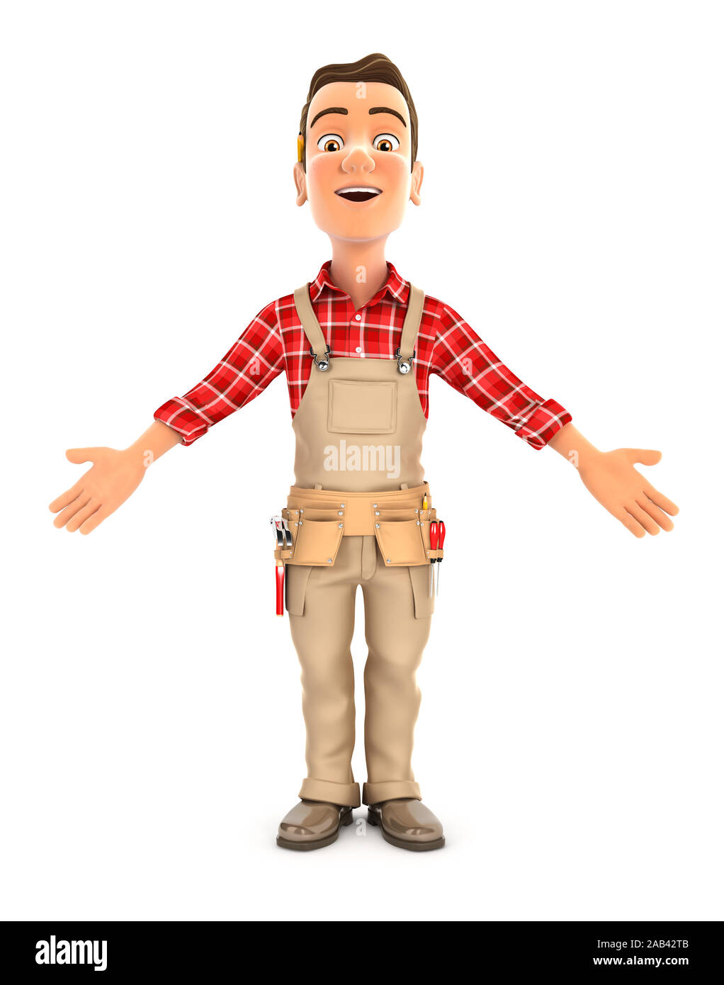 3d handyman standing with open arms, illustration with isolated white ...