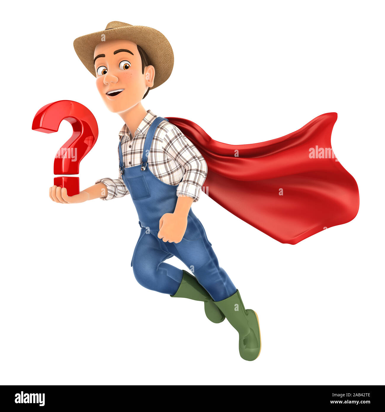 3d farmer flying and holding question mark, illustration with isolated ...