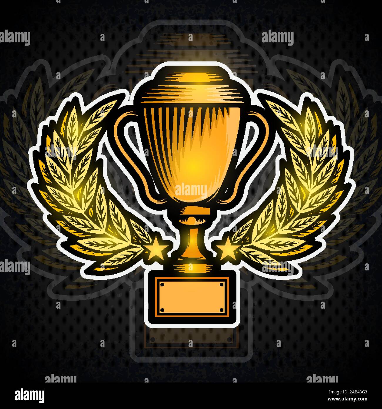 Golden cup in the center of laurel wreath. Vector sport logo on dark ...