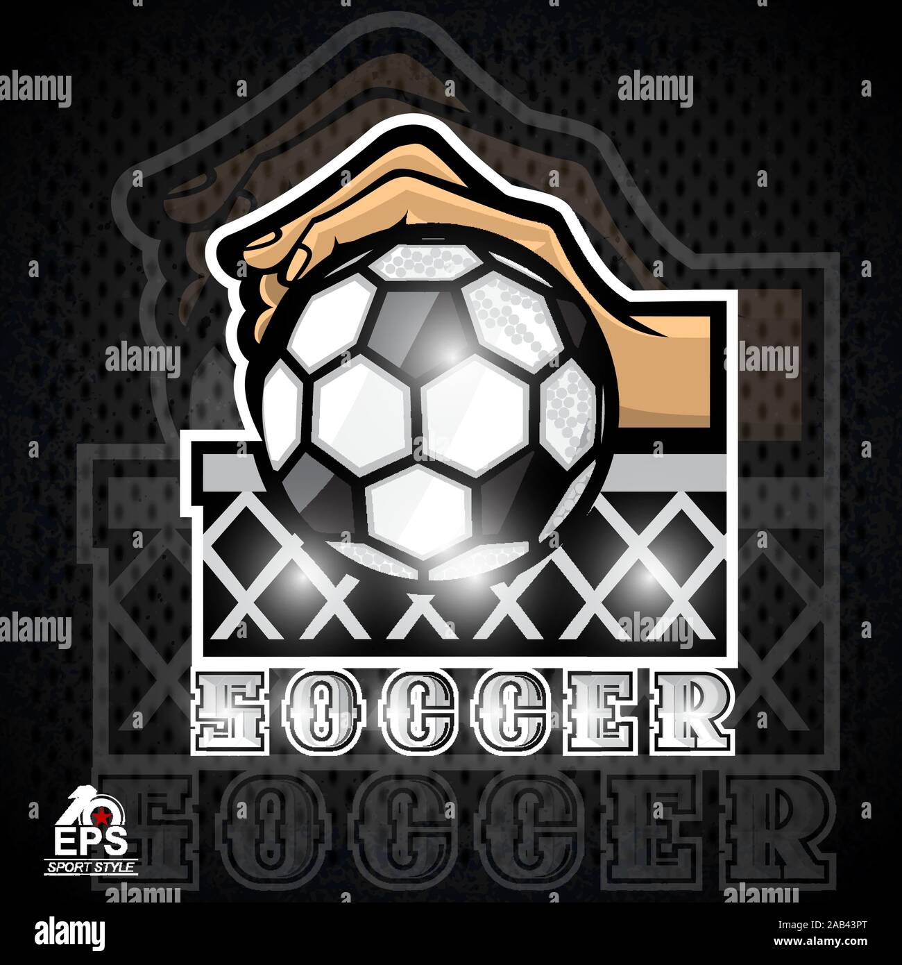 Hand hold ball in center of football goal net with text soccer. Sport ...