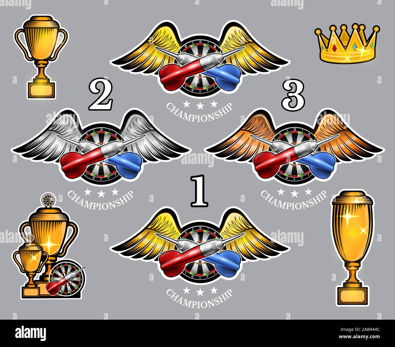 Red and blue darts crossed on round target between wings with cups and ...