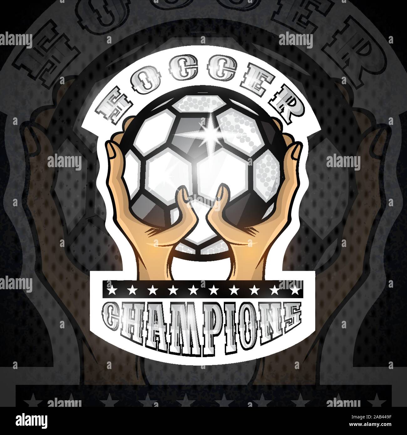 Two hands hold ball with text soccer. Sport logo for any football or ...
