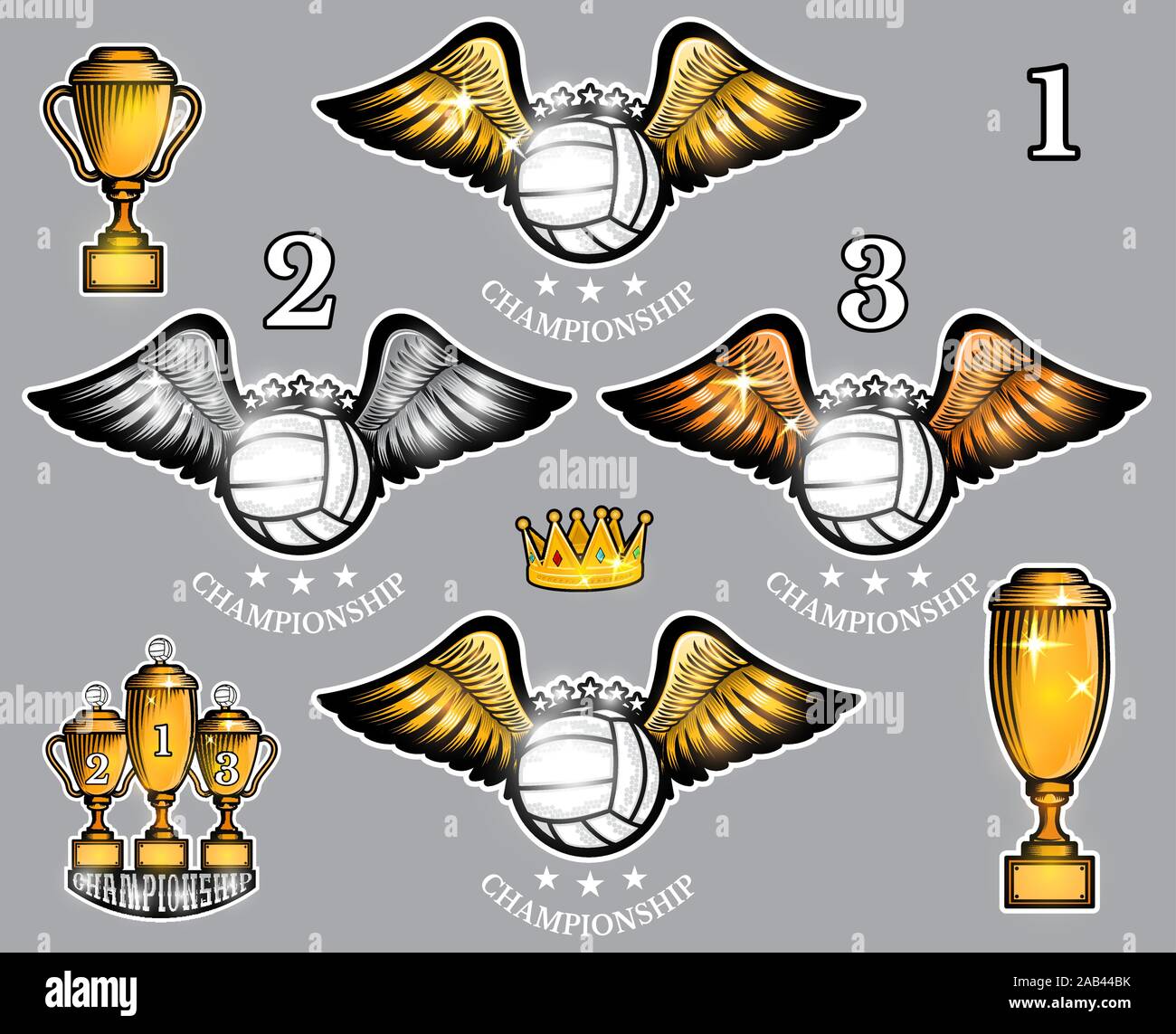 Volleyball balls with wings cups and crown. Vector set of sport logo ...