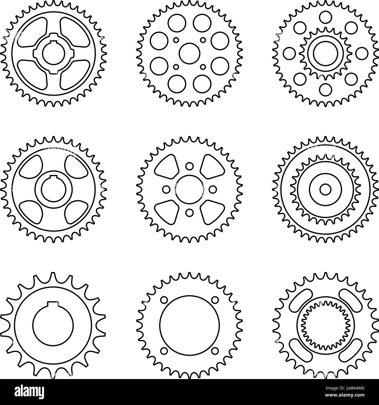 Various types of sprocket wheel. Flat icons. Thin line vector Stock ...