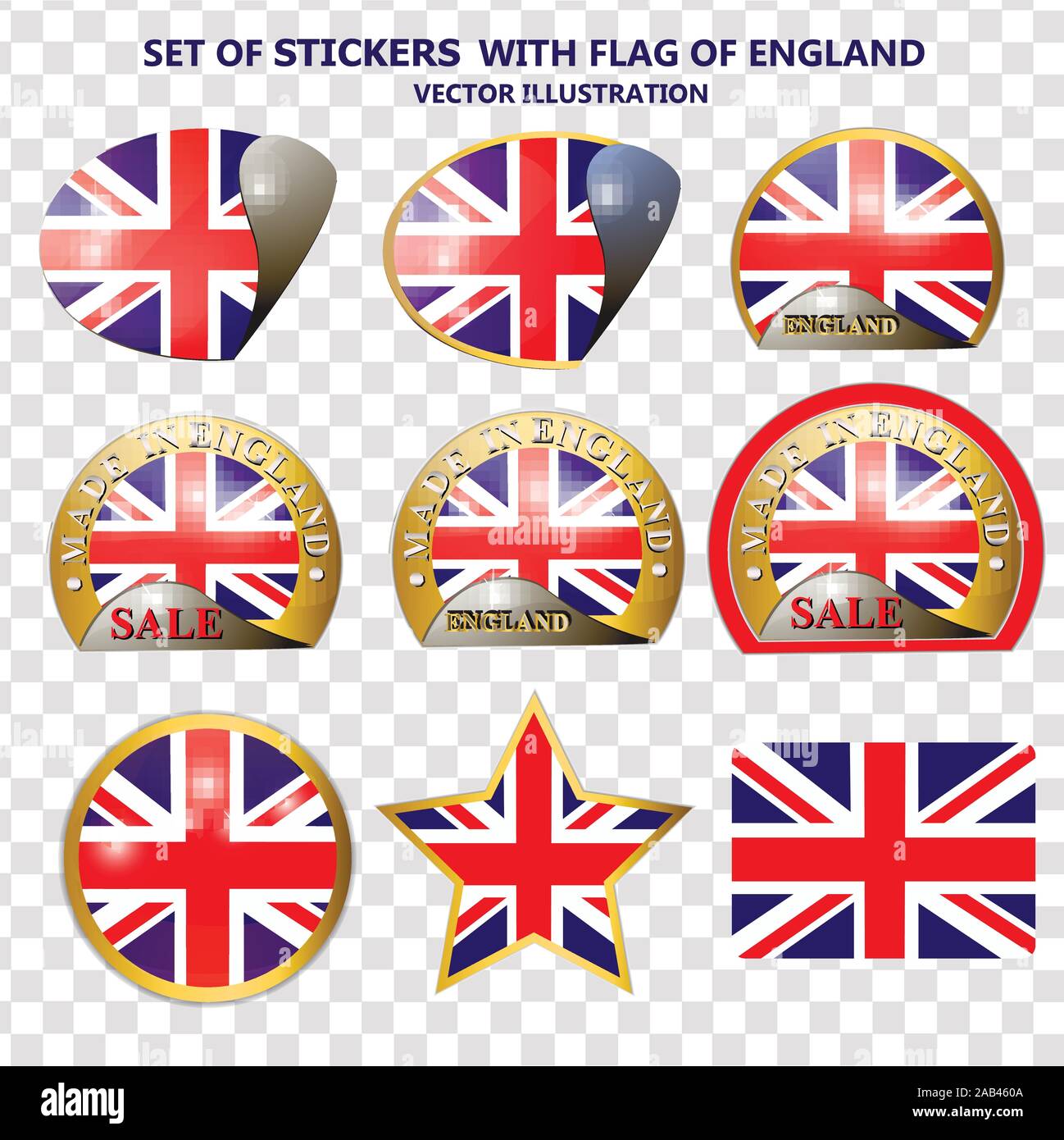 Made in England stickers. Bright set of stickers with flag of England ...