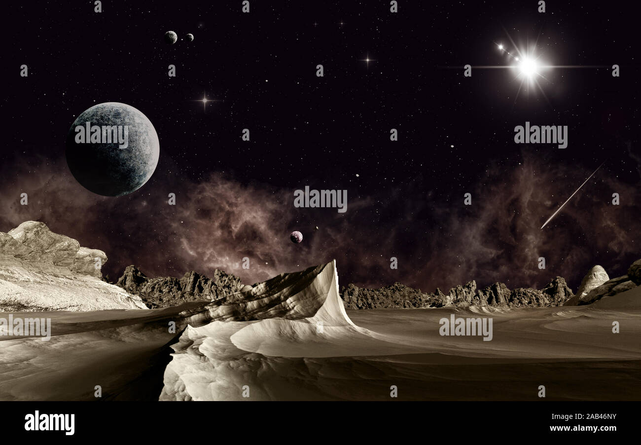 3d illustration. space alien planet view from surface Stock Photo - Alamy