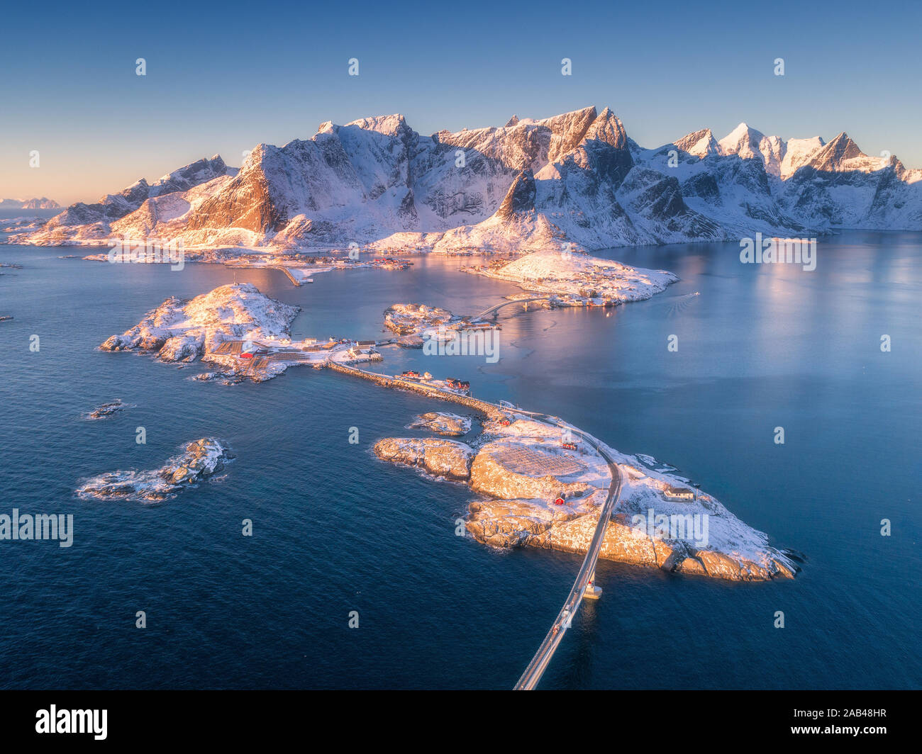 Aerial view of small islands, bridge over the sea and mountains Stock ...